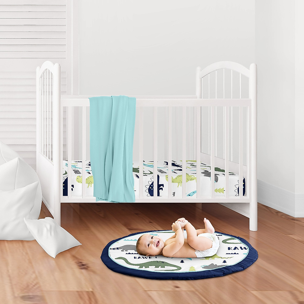 Sweet Jojo Designs Blue and Green Dino Playmat Tummy Time Baby and Infant Play Mat for Mod Dinosaur Collection