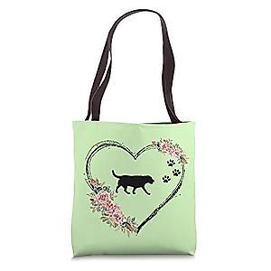 Black Lab With Paw Prints And Flowers On Green Tote Bag