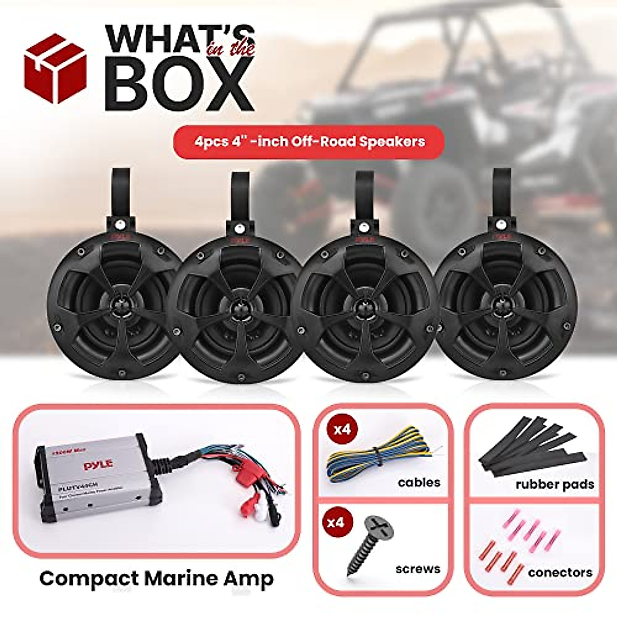 Pyle Waterproof Off-Road Speakers with Amplifier - 4-Inch Marine Grade Speakers for Outdoor Audio - 1500W 4-Channel System - ATV, UTV, Quad, Jeep, Boat Compatible