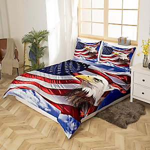 Erosebridal American Flag Bedding Set Bald Eagle Duvet Cover Patriot United States Flag Comforter Cover for Kids Teen Boys Independence Fourth of July Theme Quilt Cover with 2 Pillow Cases Queen Size