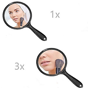 TOPYHL Makeup Hand Mirror, Double-Sided 3X 1x Magnifying Large Travel Handheld Mirror Cosmetic Mirror Acrylic Clear Finish Round Mirror (Black)