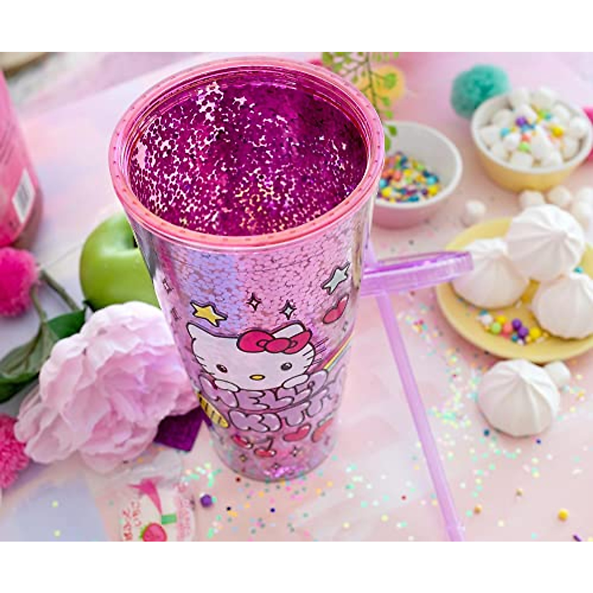 Silver Buffalo Sanrio Hello Kitty Rainbow Confetti Carnival Cup with Lid and Straw | 32 Ounces