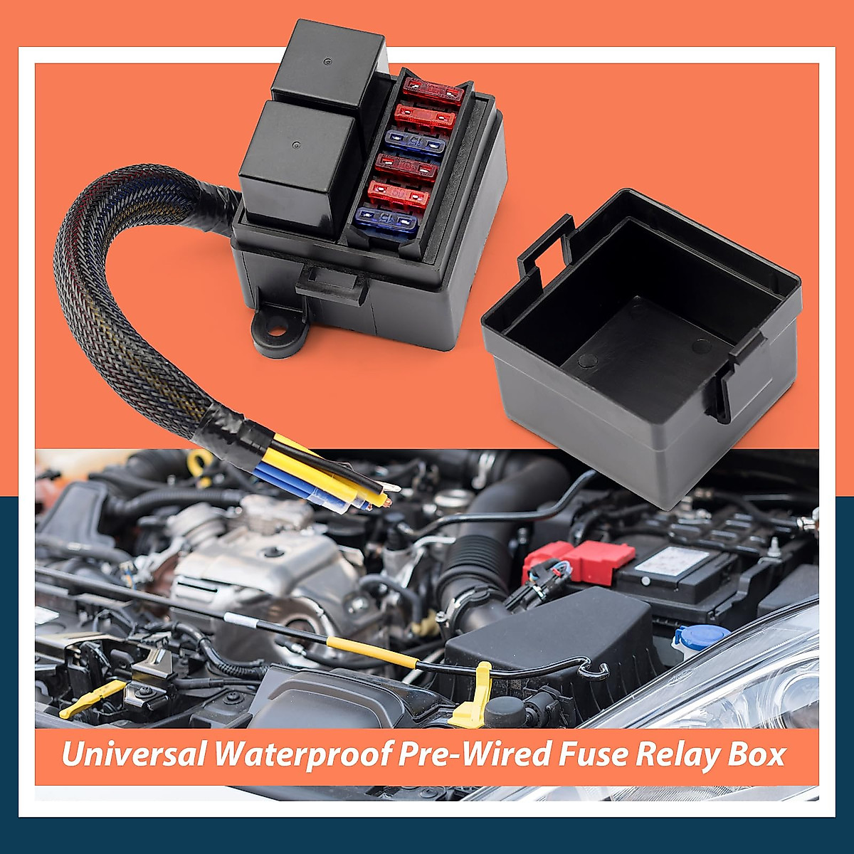 Pre-Wired Fuse Relay Box with 2 Relay Slots and 6 ATC/ATO Fuse Holder, 2 4Pin 80A Relays and 6 ATC ATO Fuses, Universal Waterproof Relay Fuse Block for Automotive Car Truck Boat Marine RV