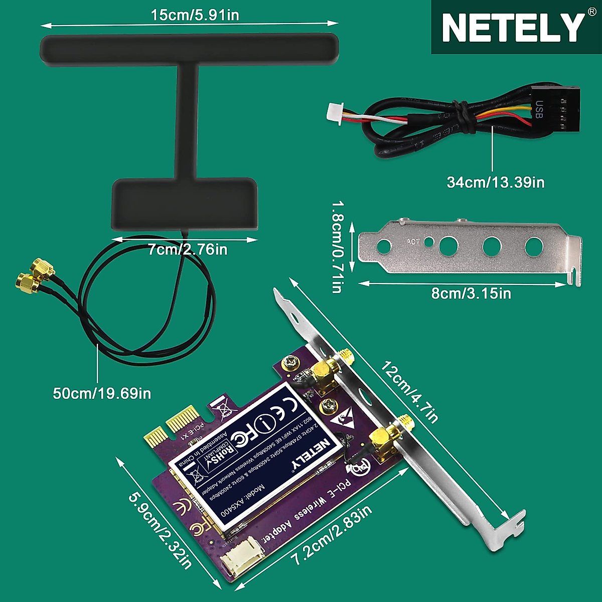 NETELY 802.11AX WiFi 6E 5400Mbps PCIE WiFi Adapter with Bluetooth 5.2 for Windows 10/11 64bit Desktop PCs, 2.4GHz 574Mbps, 5GHz 2400Mbps, and 6GHz 2400Mbps, Intel WiFi 6E AX210 PCIE WiFi Card (AX5400)