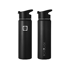 IRON °FLASK Camping & Hiking Hydration Flask with 3 Lids - Stainless Steel, Double Walled & Vacuum Insulated Water Bottle - Leak Proof & BPA Free (Midnight Black, Spout - 22 oz)