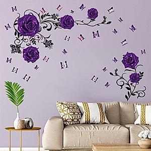 Supzone Purple Rose Wall Stickers Rose Flower Vine Wall Decal Purple Peony Floral Wall Decor DIY Vinyl Mural Art for Bedroom Living Room Sofa Backdrop TV Wall Decoration