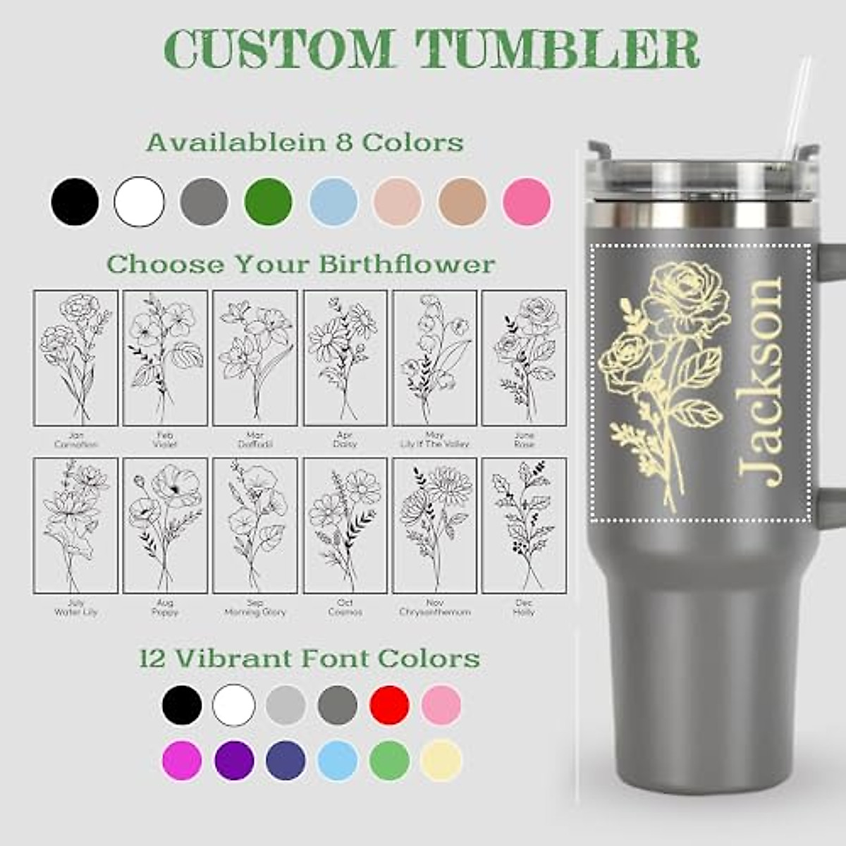 Mothers Day Gifts Personalized 40oz Tumbler Custom Tumbler Cup Sublimation Tumbler with Lid & Straw Colorful Text Customized Stainless Steel Insulated Cup Personalized Gifts for Mom Grandma Wife