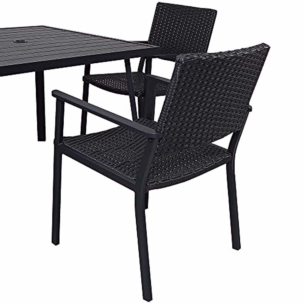 Outdoor Patio Dinning Set, PE Wicker 5-Piece Dining Table Set with Umbrella Hole and 4 Dining Chairs for Garden, Deck (Black Wicker+Black Frame)