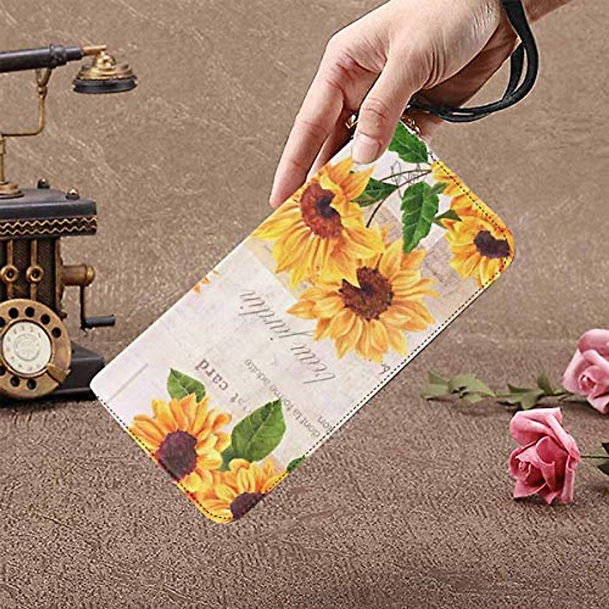 InterestPrint Vintage Sunflowers on Postcards Newspaper Women's Zip Wallet Ladies Clutch Travel Purse Wrist Strap, Design #5, 4.13"(L) x 1.02"(W) x 8.31"(H)