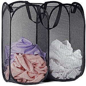 Mesh Popup Laundry Hamper - Two Compartments, Collapsible for Storage and Easy to Open. Folding Pop-Up Clothes Hampers are Great for The Kids Room, College Dorm or Travel. (Black)