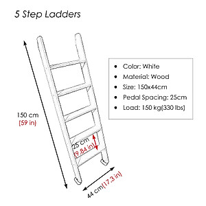 White High-Rise Bed Ladder, Wooden Camper Bunk Bed Ladder with Hooks, Twin/Single Bed Hook-On Step Ladder for Small Space, Load 330lbs
