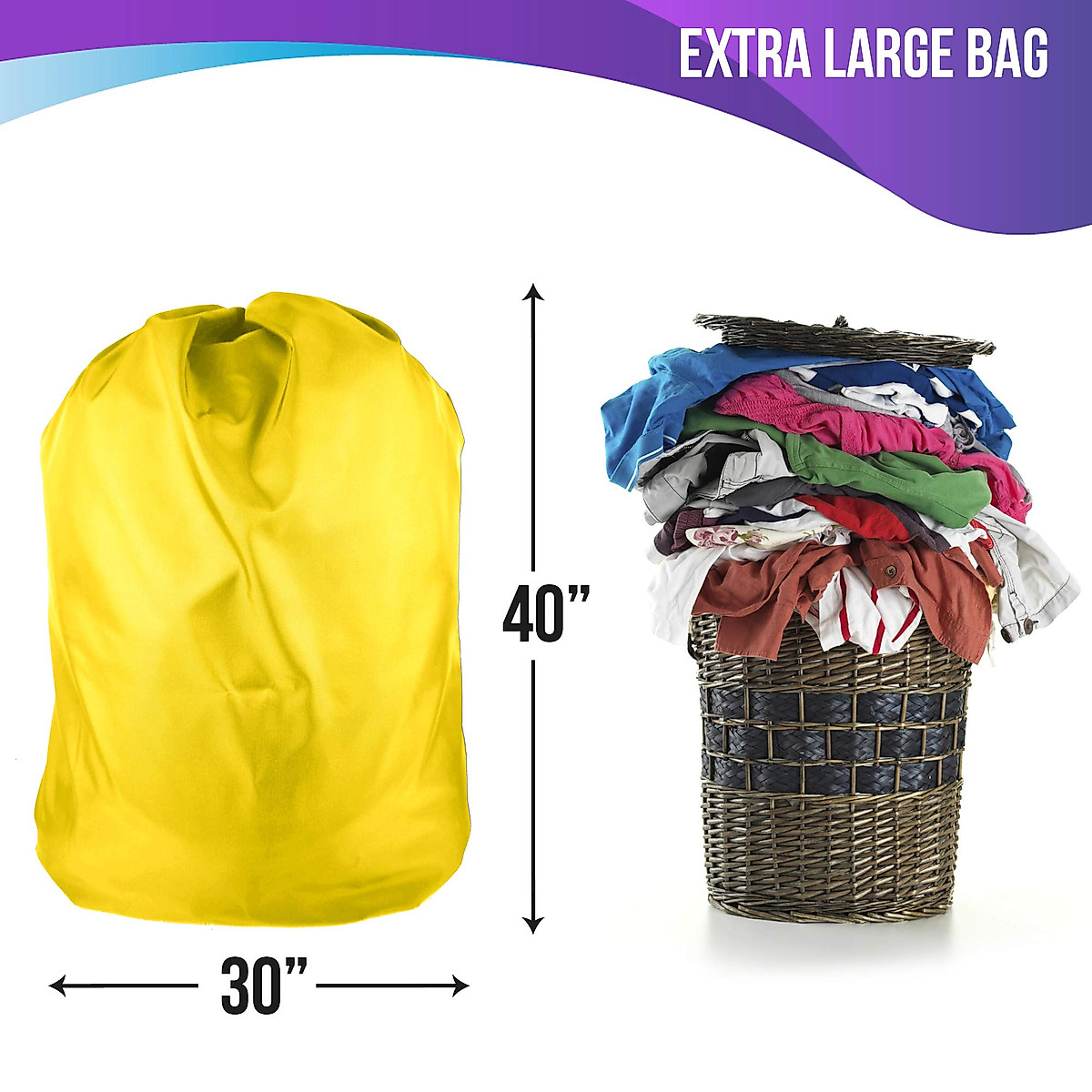 Nylon Laundry Bags Bulk 30" X 40" – Pack of 12 bags, for Heavy Duty Use, Commercial, Laundromats and Household Storage, machine washable - Made in the USA (Yellow)