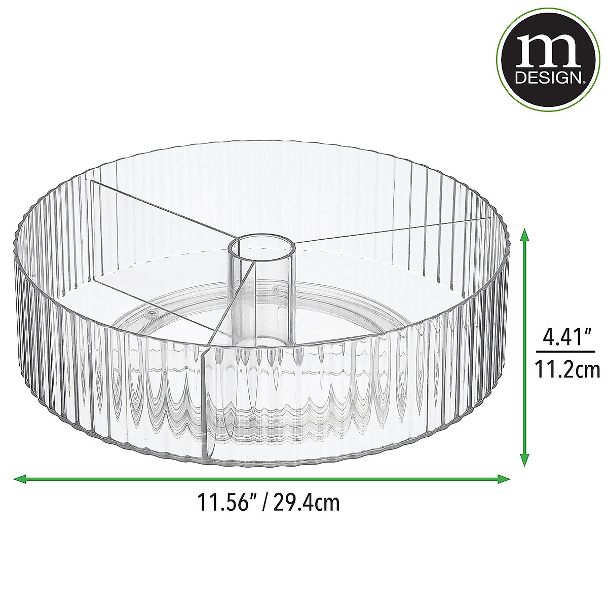 mDesign Plastic Stackable Bin with Handles and 11.5" Round Fluted Lazy Susan Turntable Divided Spinner Combo Set for Organization in Bathroom, Closet, Cabinet, or Vanity Countertop - Set of 2 - Clear