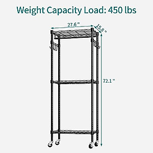 NATRKE Rolling Garment Rack 3 Tiers Heavy Duty, Adjustable Freestanding Clothing Rack With Wheels, Garment Rack with Storage Shelves 2 Pairs Side Hooks, Max Load 420 lbs, Black S1