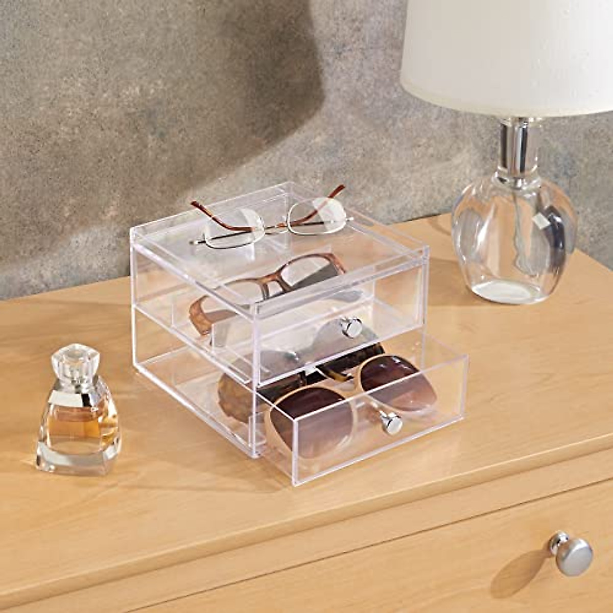 mDesign Stackable Plastic Eye Glass Storage Organizer Box Holder for Sunglasses, Reading Glasses, Lens Cleaning Cloths, and Accessories - 2 Divided Drawers, Chrome Pulls - Clear
