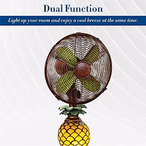 DecoBREEZE Oscillating Table Fan with Lamp, 3-Speed Portable Fan, Pineapple, Mosaic Glass Antique Fan and Lamp, 10 inches