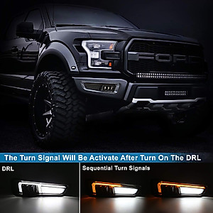 CJOVSE Ford Raptor Fog Lights, Amber Sequential Turn Signal White DR LED Bumper Fog Lights Compatible Smoke Housing with Gen 2 Ford Raptor 2017 2018 2019 2020