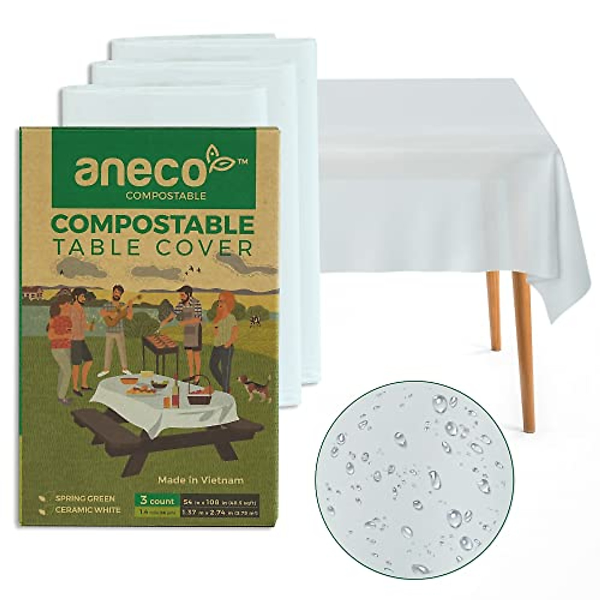 ANECO 100% Compostable Tablecloths for Rectangle Tables (54''x108'', 3 Count) - White Disposable Rectangular Tablecloth - Anti-Plastic Table Cover for Outdoor, Party, Picnic, Wedding