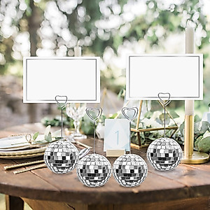 Whaline 60Pcs 2 Inch Disco Ball Table Number Holders Place Cards Set Silver Tented Cards Name Cards Stands with Heart Swirl Wire for Wedding Party Table Sign Display Supplies