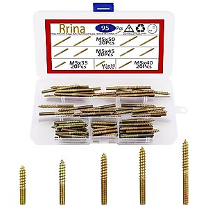 Rrina 95Pcs M5 Hanger Bolts Studs Dowel Screw Double Ended Self-Tapping Threaded Assortment Set for Wood Joint Furniture Legs