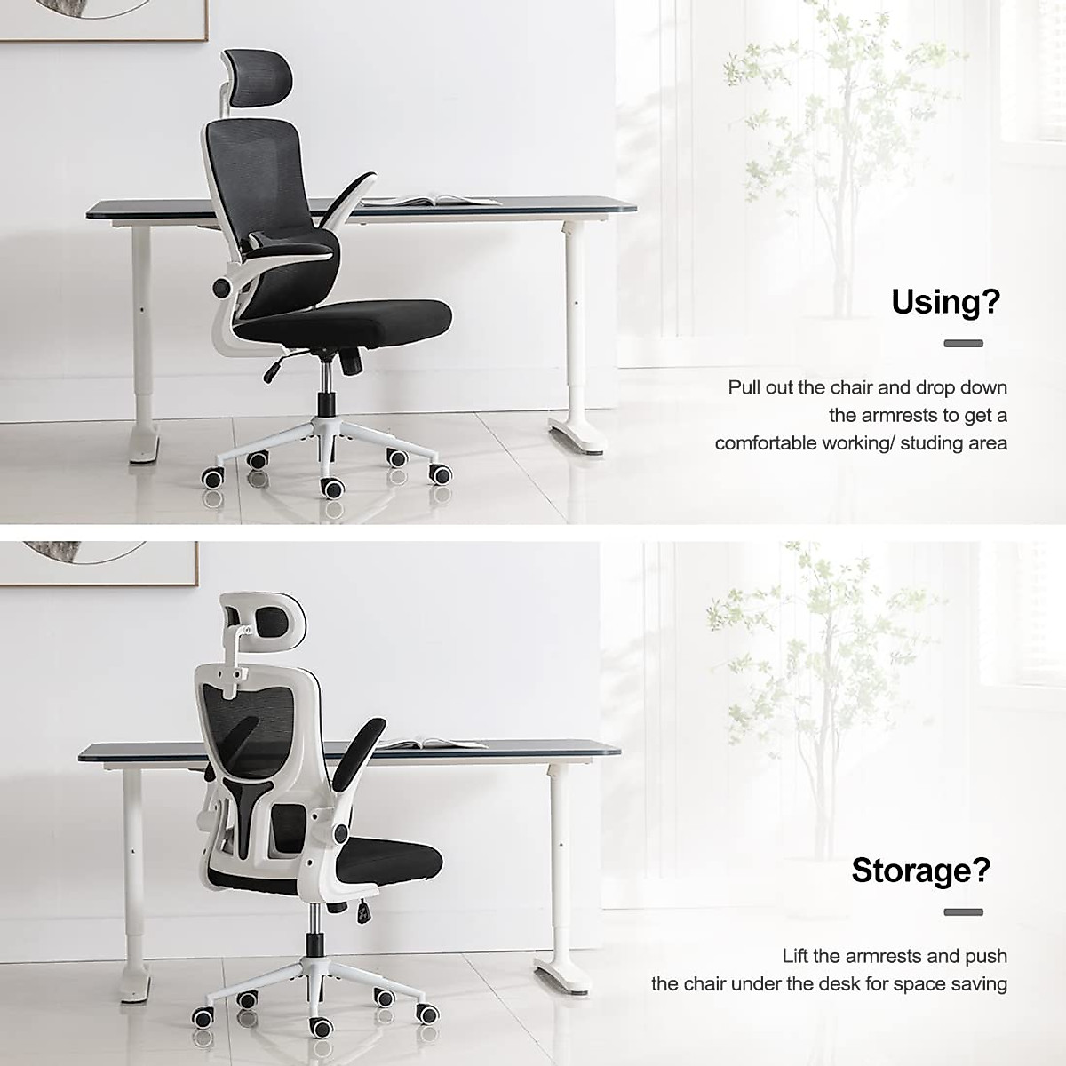 BRTHORY Office Chair Height-Adjustable Ergonomic Desk Chair with Lumbar Support, Breathable Mesh Computer Chair High Back Swivel Task Chair with Adjustable Headrest and Flip-up Armrests - White