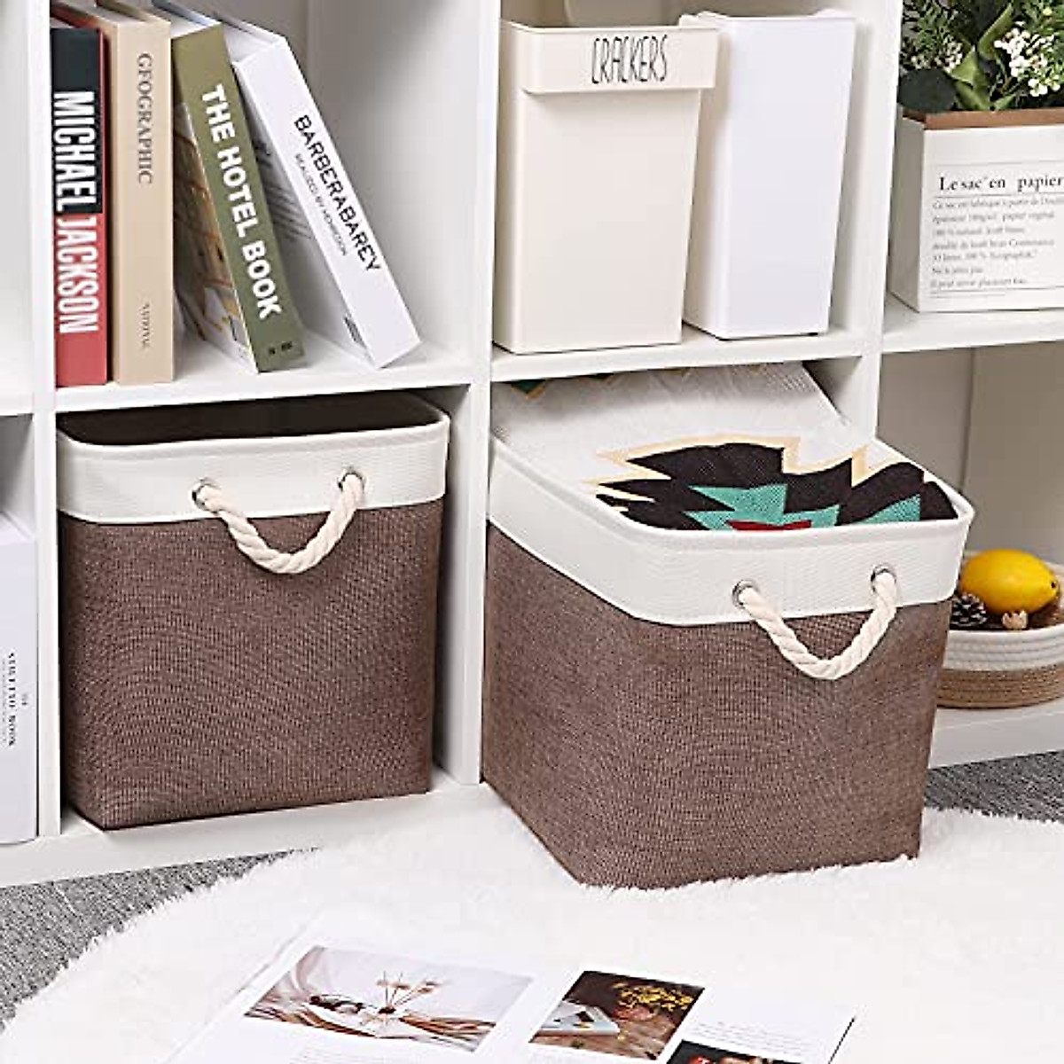 Bidtakay Baskets Set Fabric Storage Bins-White&Earthy Brown Bundled Baskets of 2 Large Baskets 16" X 11.8" X 11.8" + 3 Medium Baskets 15" X 11" X 9.5"