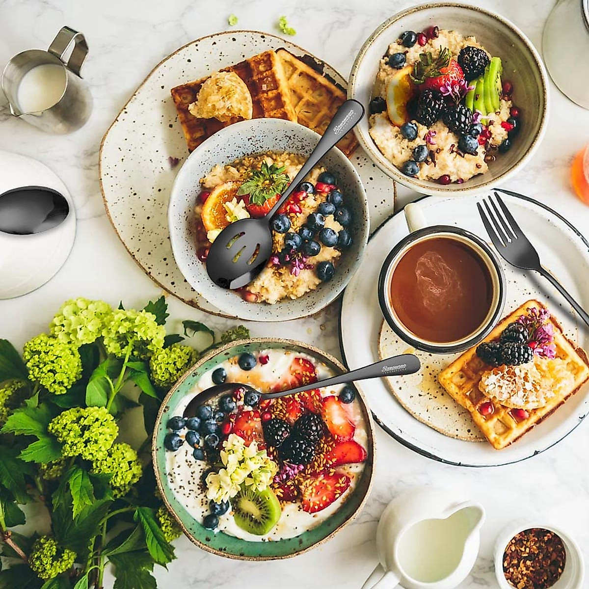 Stainless Steel Serving Spoon x 2, Slotted Serving Spoon x 2, Serving Forks x 2, 8.5 Inch Serving Utensils Set of 6 for Catering, Dishwasher safe (Silver)