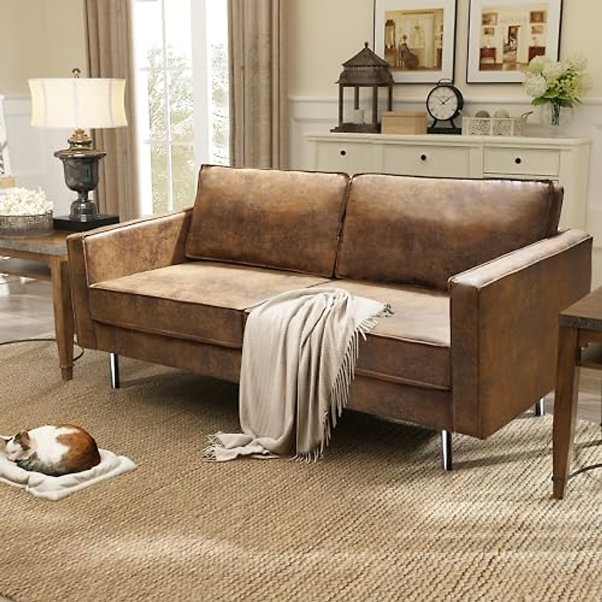 SILKIR 3-Person Sofa Couch for Living Room | Perfect for: Apartment/Studio/Office & Small Space | Leather Fabric | Fast and Easy Assembly | (Brown) Modern Contemporary Mid-Century
