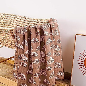 BabyWhale Muslin Swaddle Blanket, Boho Brown Rainbow Pattern Swaddle and Solid Color Swaddle for Newborn Baby Boys ＆ Girls, Unisex Silky Soft Breathable Receiving Swaddle Wrap, 47x47 inches, 2 Pack