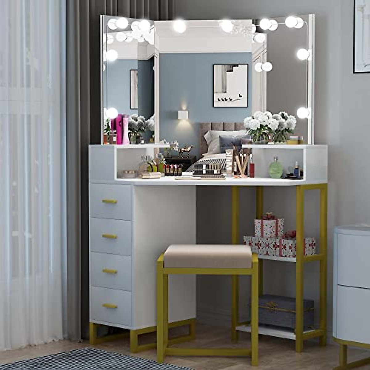 PAKASEPT Corner Vanity Set with Three-Fold Mirror & Light Bulbs, Women Makeup Desk with 4 Storage Drawers for Small Spaces, Bedroom