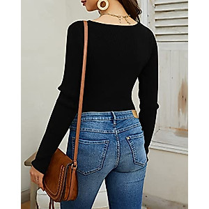 MISUMALLS Women's V Neck Long Sleeve Sweaters Ribbed Knit Casual Solid Pullover Jumper Tops Black