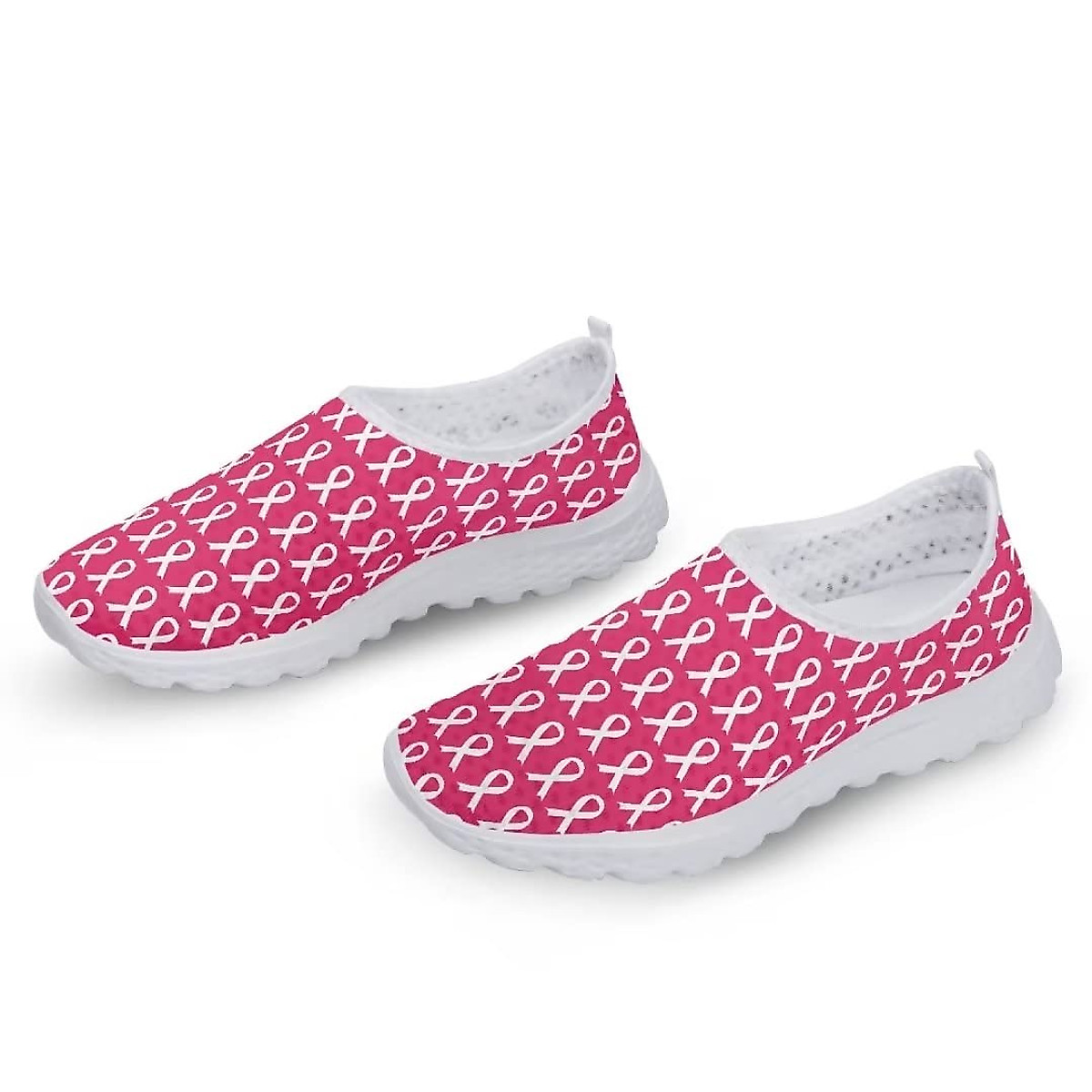 Poetesant Breast Cancer Awareness Water Shoes Women Pink Ribbon Flat Mesh Shoes Ribbons Slip On Walking Shoes Casual Pink Road Running Shoes 39EU