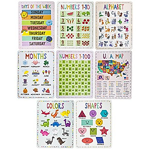 8-Pack Reversible Classroom Wall Posters 22" x 17" - Learn The Alphabet, Colors, Days, Months, Numbers, Shapes, & USA Map - Educational Posters by Pint-Size Scholars