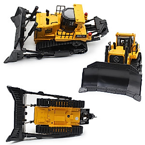 fisca Remote Control Bulldozer RC 1/16 Full Functional Construction Vehicle, 2.4Ghz 11 Channel Dozer Front Loader Toy with Light and Sound for Kids Age 6, 7, 8, 9, 10 and Up Years Old