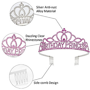 CIEHER Pink Princess Birthday Crown and Birthday Sash Set, Birthday Girl Crown Birthday Tiara for Women Birthday Decorations for Girls Rhinestone Princess Party Decorations Birthday Gifts