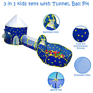 PigPigPen 3pc Kids Play Tent for Boys with Ball Pit, Crawl Tunnel, Princess Tents for Toddlers, Baby Space World Playhouse Toys, Boys Indoor& Outdoor Play House, Perfect Kid’s Gifts
