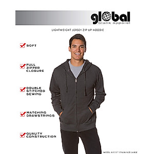 Global Blank Long Sleeve T-Shirt Sweatshirts for Men, Lightweight Zip-Up Hoodie, Gunmetal Heather, XS