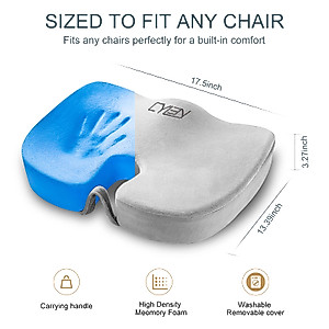 CYLEN Home Office Seat Cushion - Comfort Memory Foam Chair Cushion with Cooling Gel Infused for Tailbone, Coccyx, Back & Sciatica Pain Relief (Grey)