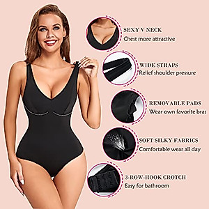 Nebility Women Waist Trainer Shapewear Slim Body Shaper Deep V Neck Thong Bodysuit Tummy Control Jumpsuit Tops (M, Black)