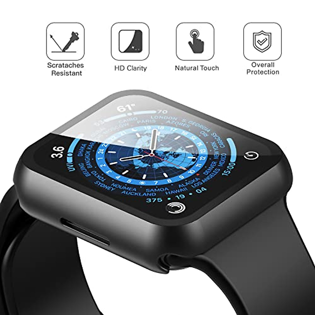 Misxi 2 Pack Hard PC Case with Tempered Glass Screen Protector Compatible with Apple Watch Series 8 Series 7 45mm, Ultra-Thin Scratch Resistant Overall Protective Cover for iWatch S8 / S7, Black