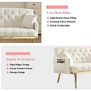 Tmosi Loveseat Sofa with 2 Throw Pillows, 55.5" Cream Velvet Couch Modern Sofa for Living Room with Armrest Pockets, Apartment Tufted Love Seat Couches Furniture for Small Spaces