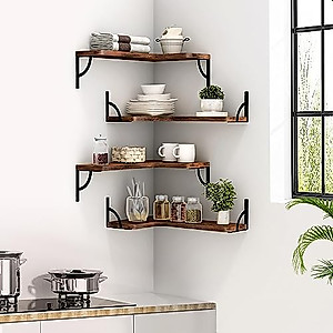 Canupdog Corner Floating Shelf Wall Mount 4 Tier Wood Floating Shelves, Easy-to-Assemble Tiered Wall Storage, Wall Organizer for Bedrooms, Bathrooms, Kitchens, Offices (Rustic Red)