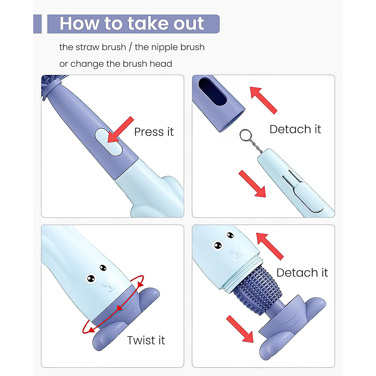 Anivona 4Pcs Baby Bottle Brushes Set, One Silicone Baby Bottle Brush, 1 Hidden Silicone Nipple Cleaner, 1 Straw Brush, 1 Lid Brush, Bottle Brush with Nipple Cleaner and Suction Cup, BPA-Free(Blue)