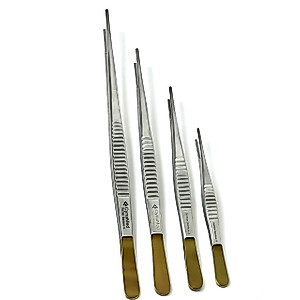 German Set of 4 Each Debakey Forceps Serrated Narrow Tips for Atraumatic Veterinary Microscopy Dissection Comes in Gold Handle 6”+8”+10”+12”