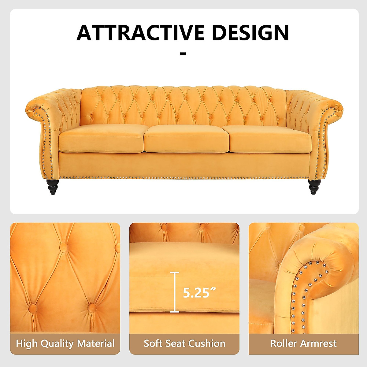 QHITTY Accent Large Sofa, Chesterfield Couch 3 Seater Modern Velvet Couch Upholstered Sofa with Tufted Back for Living Room Furniture (Mango)