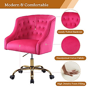 Velvet Home Office Chair with Gold Base, Comfortable Modern Cute Desk Chair, Adjustable Swivel Task Chair for Living Room Bedroom Vanity Study, Fushia