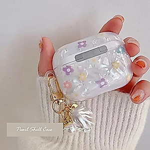 PHOEACC Cute Airpod Pro 2019 Case (NOT for Airpod 3rd 2021) Flower with Shell Pearl Keychain White Marble Soft TPU Protective Cover Compatible with AirPods Pro Case for Girls Teens Women (Floral)