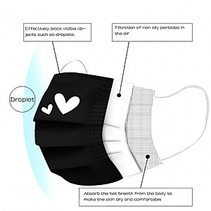 YOMEESOUL 50pcs Cute Disposable Face Masks, Pink And Black Masks with Hearts Printed, 3-Ply Full Protection for Women Teen Girls (White Hearts)