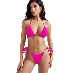 MOSHENGQI Women Sexy Brazilian Bikini 2 Piece Spaghetti Strap Top Thong Swimsuit Bathing Suit(M,0Hot Pink-Rose)