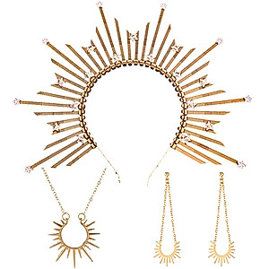 JeVenis 4 PCS Gold Halo Crown Baroque Headband Sun Goddess Tiara and Crown Sunburst Headband Cosplay Wedding Festival Headpiece
